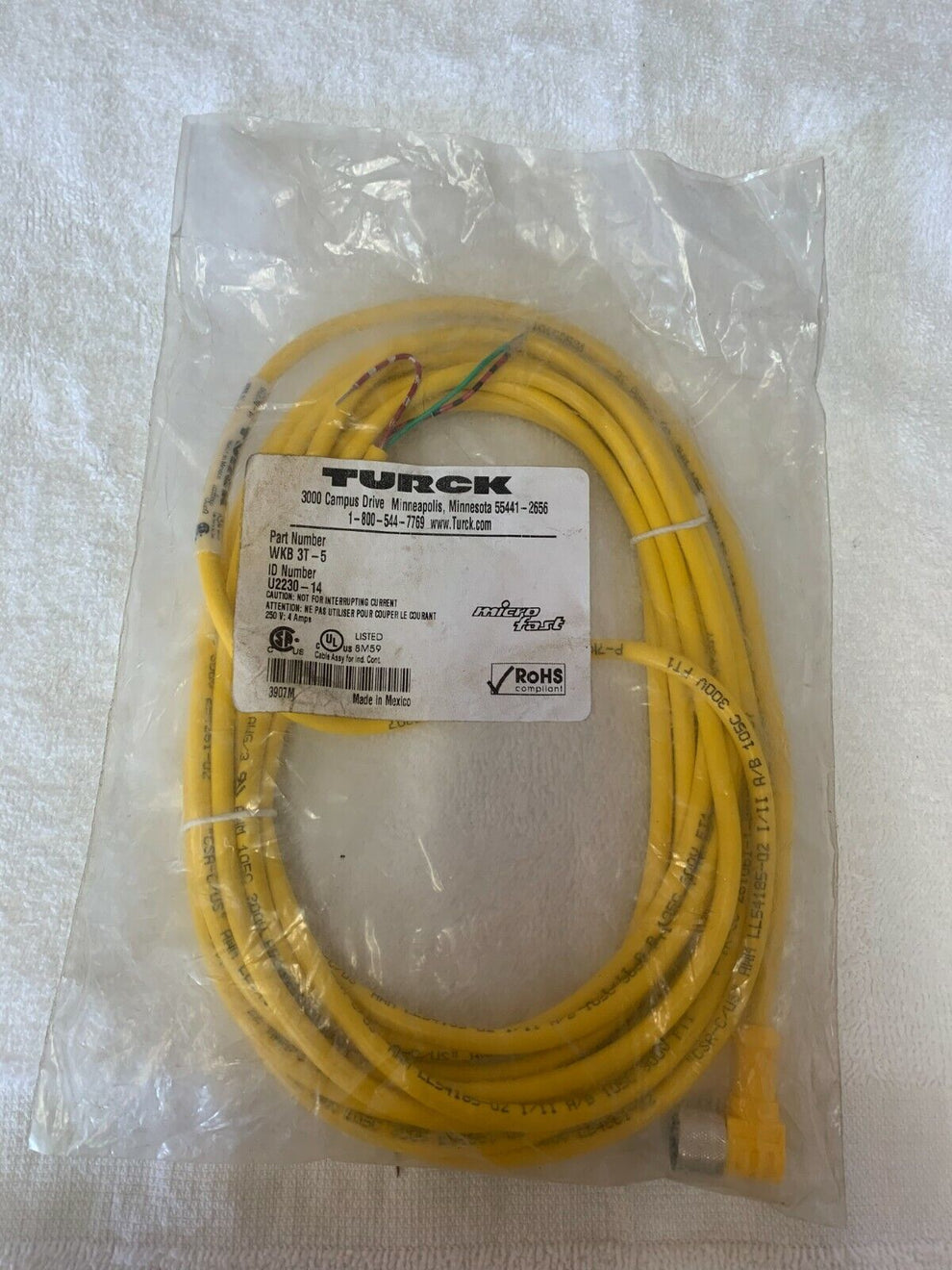 Turck WKB 3T-5 Connector; Cordset; Right Angle; Yellow; 5 mm; 22 AWG ...